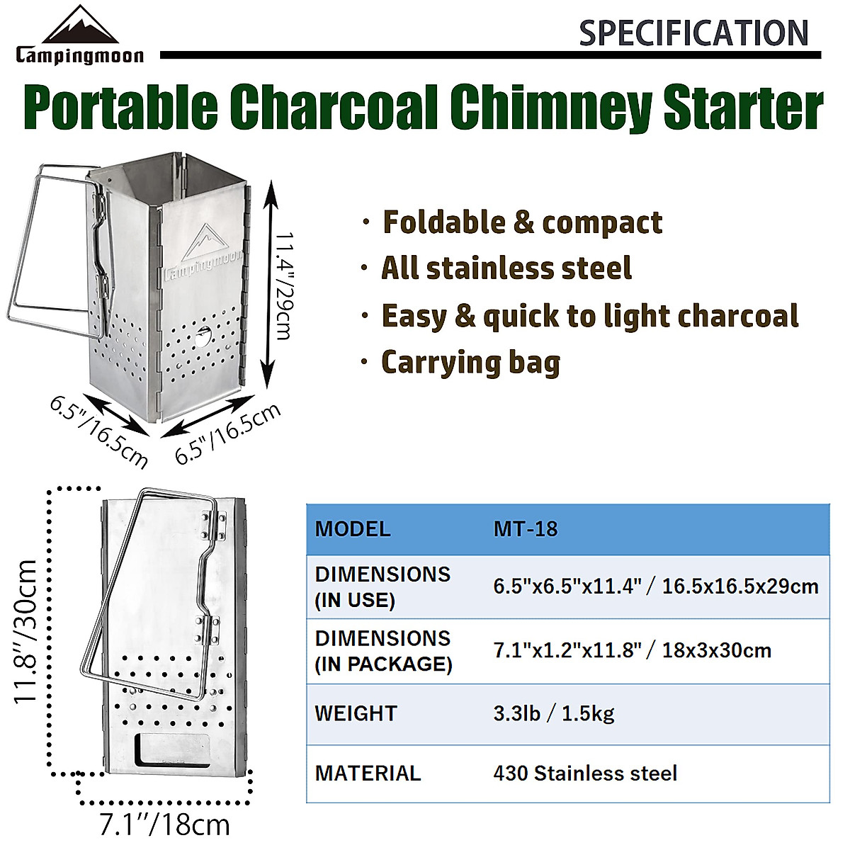 camping moon Portable Charcoal Chimney Starter Stainless Steel MT-18