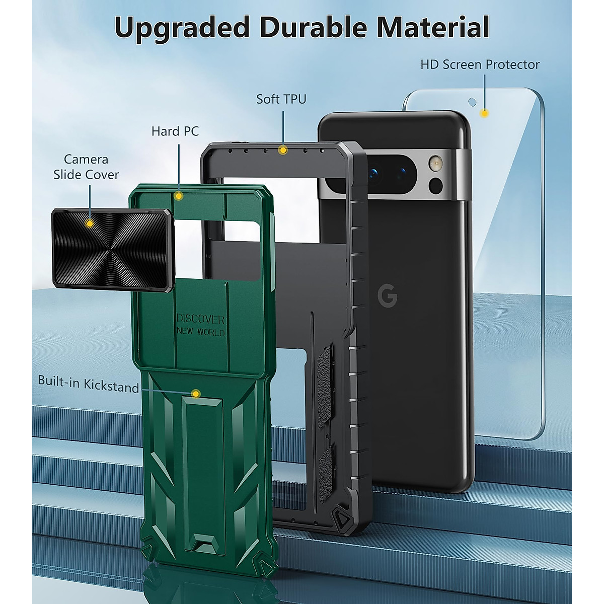 FNTCASE for Google Pixel 8-Pro Case: Military Grade Drop Proof Protective Rugged Pixel 8pro Cell Phone Cover with Kickstand & Slide | Shockproof Matte Heavy Duty Protection Tough Cases 6.7''- Green