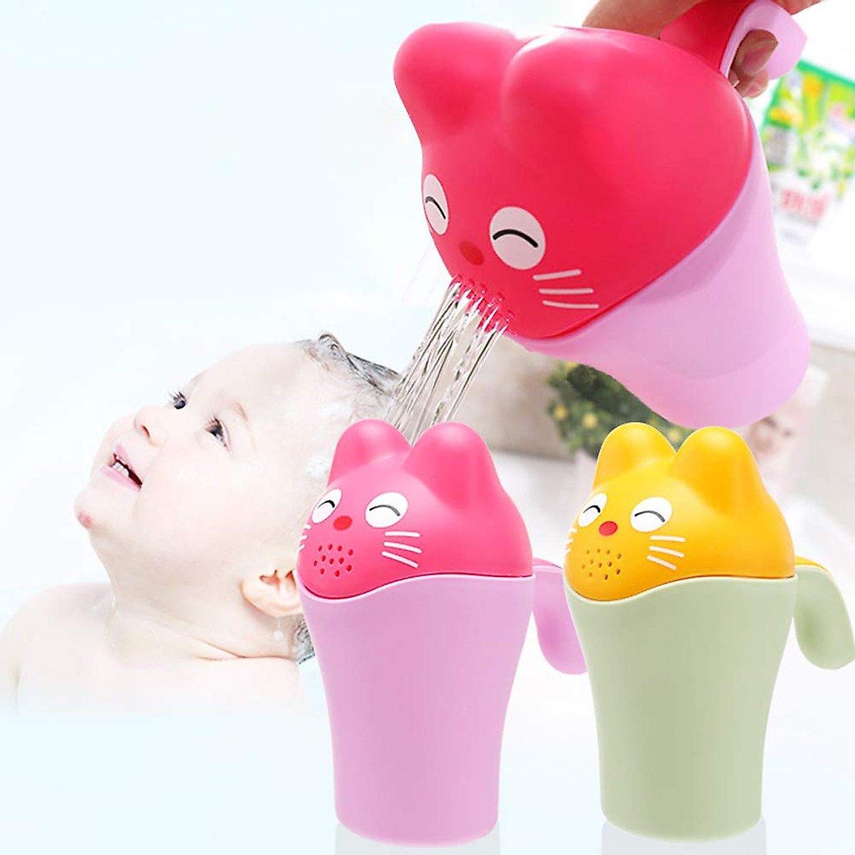Cabilock Fashion Creative Baby Shower Water Cup Adorable Shower Shampoo Cup Bath Wash Cups Shampoo Rinser with Handle (Pink)