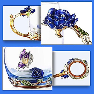 Tea Cup Glass Coffee Mugs Enamel Rose Flower Butterfly Drinking Cups with Spoon Set Unique Gifts for Birthday Wedding Christmas Blue Rose Mug 12oz