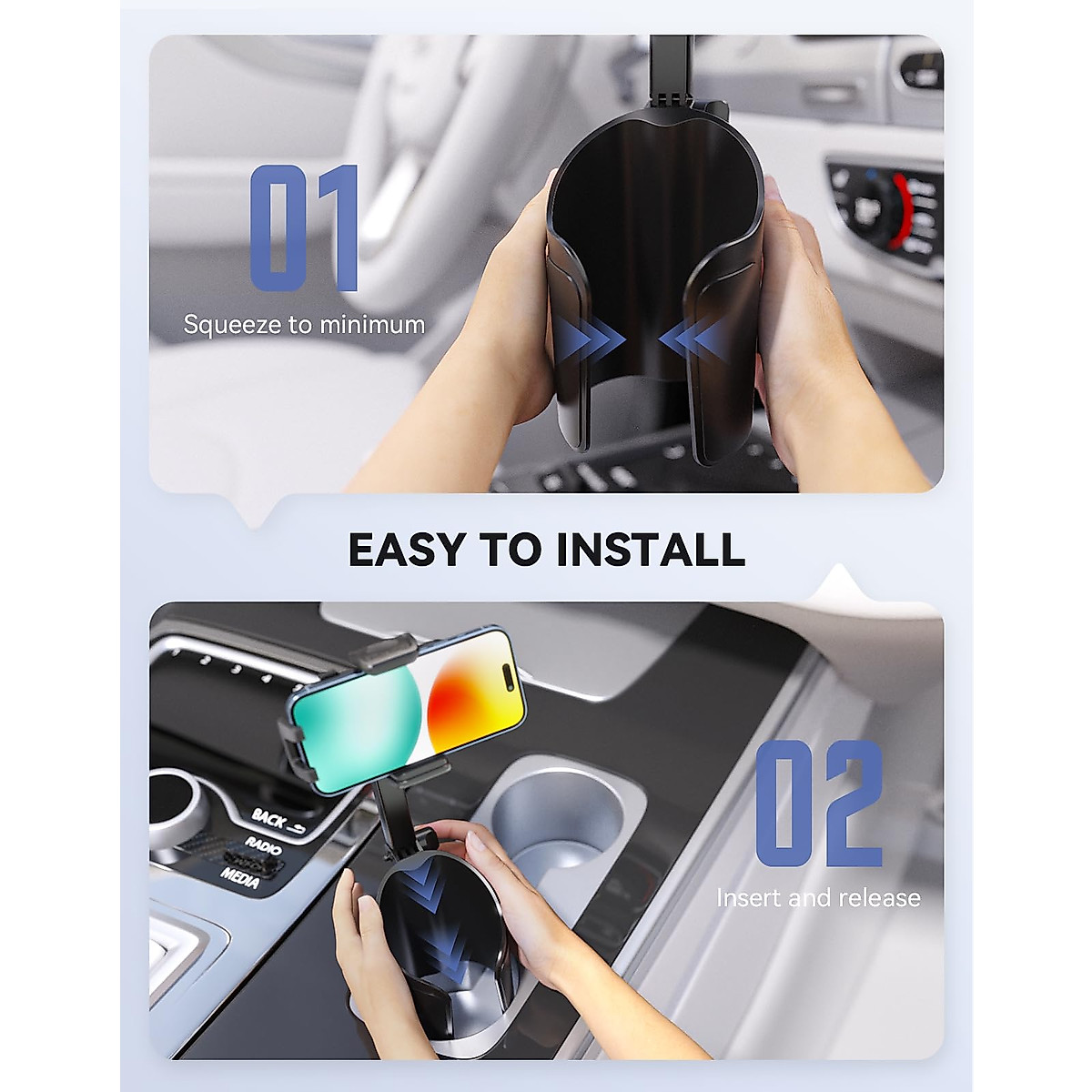 Miyamicro Cup Holder Phone Mount, Eco-Friendly Easy Install 2-in-1 Rotatable Car Phone Holders Cell Expander for 4-7" iPhone/Android/Truck,Perfectly Fit 3-4.3" Round & Rectangle Cup Holder (Black)