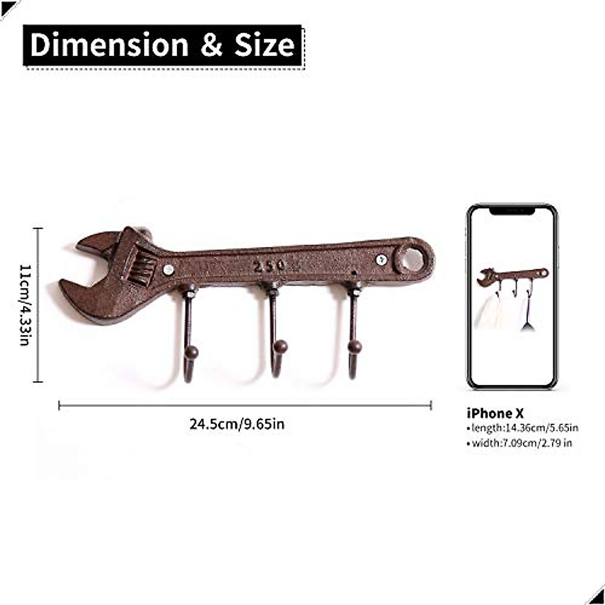 TELENT Retro Hooks Cast Iron Wrench Spanner Shape Hooks Key Rack Holder, Decorative Bedroom Bathroom Kitchen Laundry Room Tool Holder Coat Hat Hooks Rack Hanger (Cast Iron Wrench Hook-Ancient Copper)