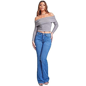 YMI Womens Hyper Denim Basic 5 PKT 1 BTN HR Flare Long Inseam, M08, XL