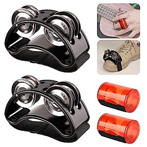 Rigych 2 Set Foot Tambourine Shaker & Rhythm Finger Shaker with Elastic Strap, Percussion Musical Instrument Set for Ukulele Guitar Drum Mandolin Banjo Playing