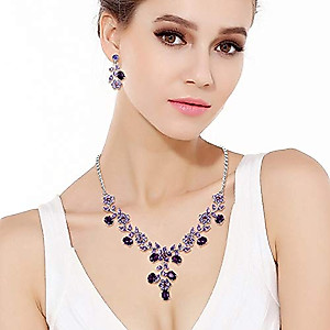 EVER FAITH Wedding Jewelry for Bride, Austrian Crystal Cluster Flower Leaf Bridal Pendant Necklace Earrings Sets Purple Silver-Tone