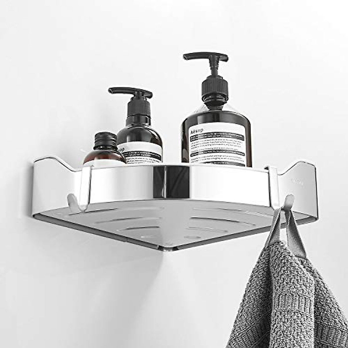 Corner Shower Caddy, Wall-Mounted Bathroom Corner Shelf with 2 Hook, Polished Chrome