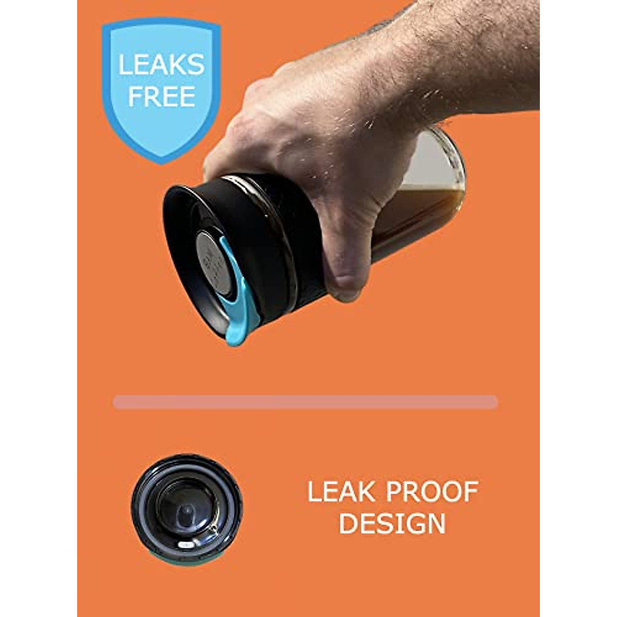 Cold brew coffee cup | For Grab-n-Go | 18oz | Durable glass | stainless steel filter | silicon sleeve | Black design with a Blue lid