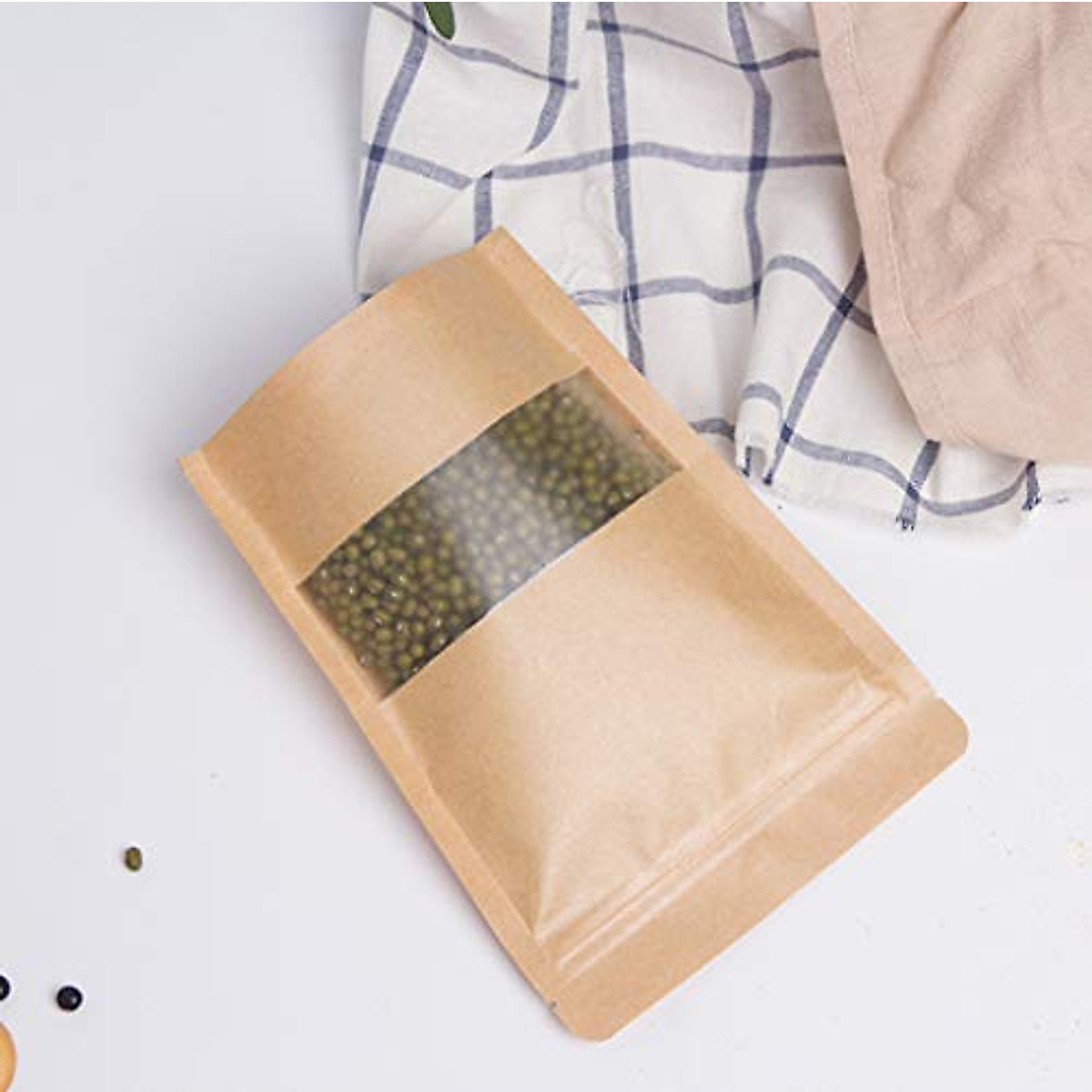 Kingrol 300 Pack 3.5 x 5.5 Inch Mini Kraft Paper Bags with Resealable Lock Seal Zipper &Transparent Window, Stand Up Food Bags