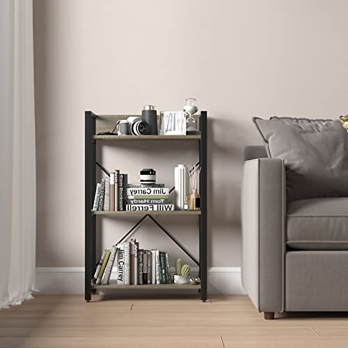 FSSunit Bookcase 3-Tier Industrial Bookshelf Open Wood Shelving Unit with Metal Frame for Living Room