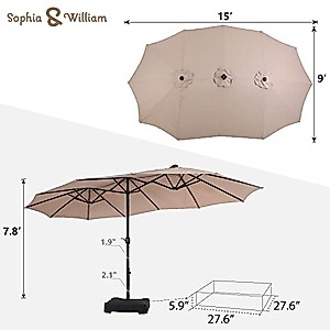 Sophia & William 15ft Patio Umbrella with Lights (Base Included), Extra Large Outdoor Double-sided Umbrella, Beige
