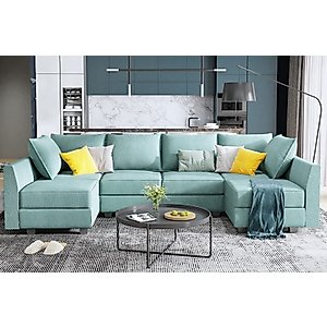 HONBAY Convertible Modular Sectional Sofa U Shaped Modular Couch with Storage Seat Modular Sofa Sectional Couch with Chaise, Aqua Blue