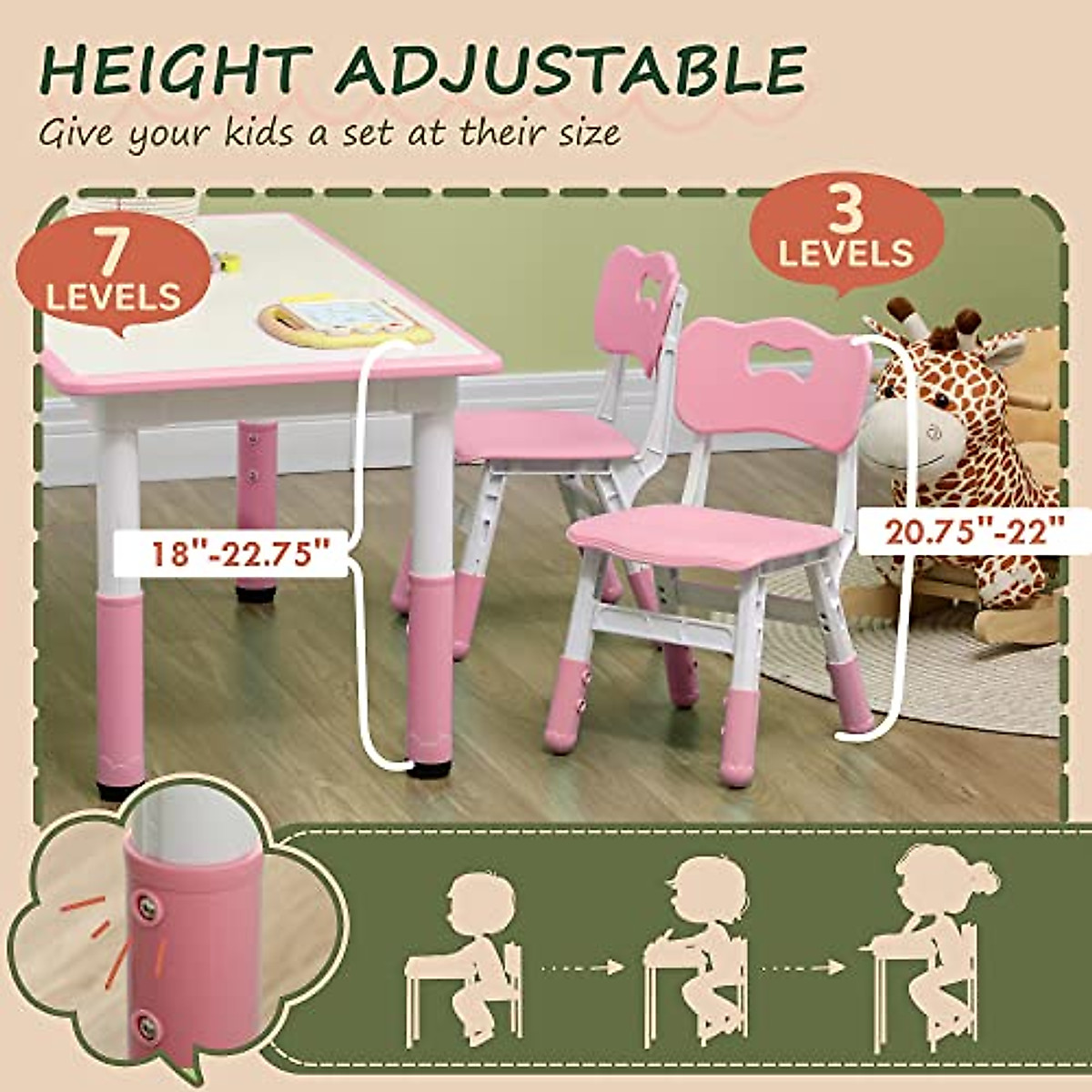 Qaba Kids Table and Chair Set with 4 Chairs, Adjustable Height, Easy to Clean Table Surface, for 1.5-5 Years Old, Pink