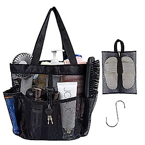 LETHMIK Mesh Shower Caddy - Large Hanging Portable Tote Bag 8 Pockets Deeper, Quick Dry Shower Caddy Basket Bag with Shoe Bag & Key Hook, Bath Organizer for College Dorms, Gym, Camp, Beach (Black)