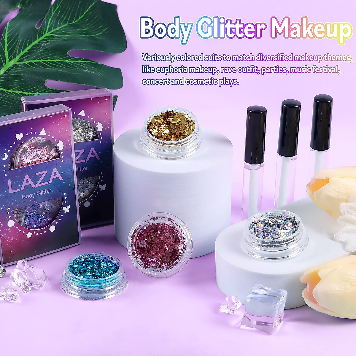Laza Body Glitter, 2 Jars Holographic Chunky Sequins with Glitter Glue Perfect for Women Eyeshadow Makeup Face Paint Festival Rave Outfits Hair Accessories Carnival Party Costumes - Laser Galaxy