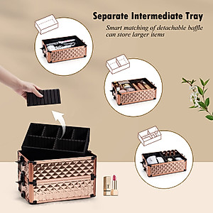 Adazzo 4 in 1 Rolling Makeup Case Cosmetic Train Case Trolley Roll Travel Box for Makeup Artist, Hairstylists, Nail Tech Makeup Cart with Key Swivel Wheels Barber Case Traveling Trunk Rose Gold