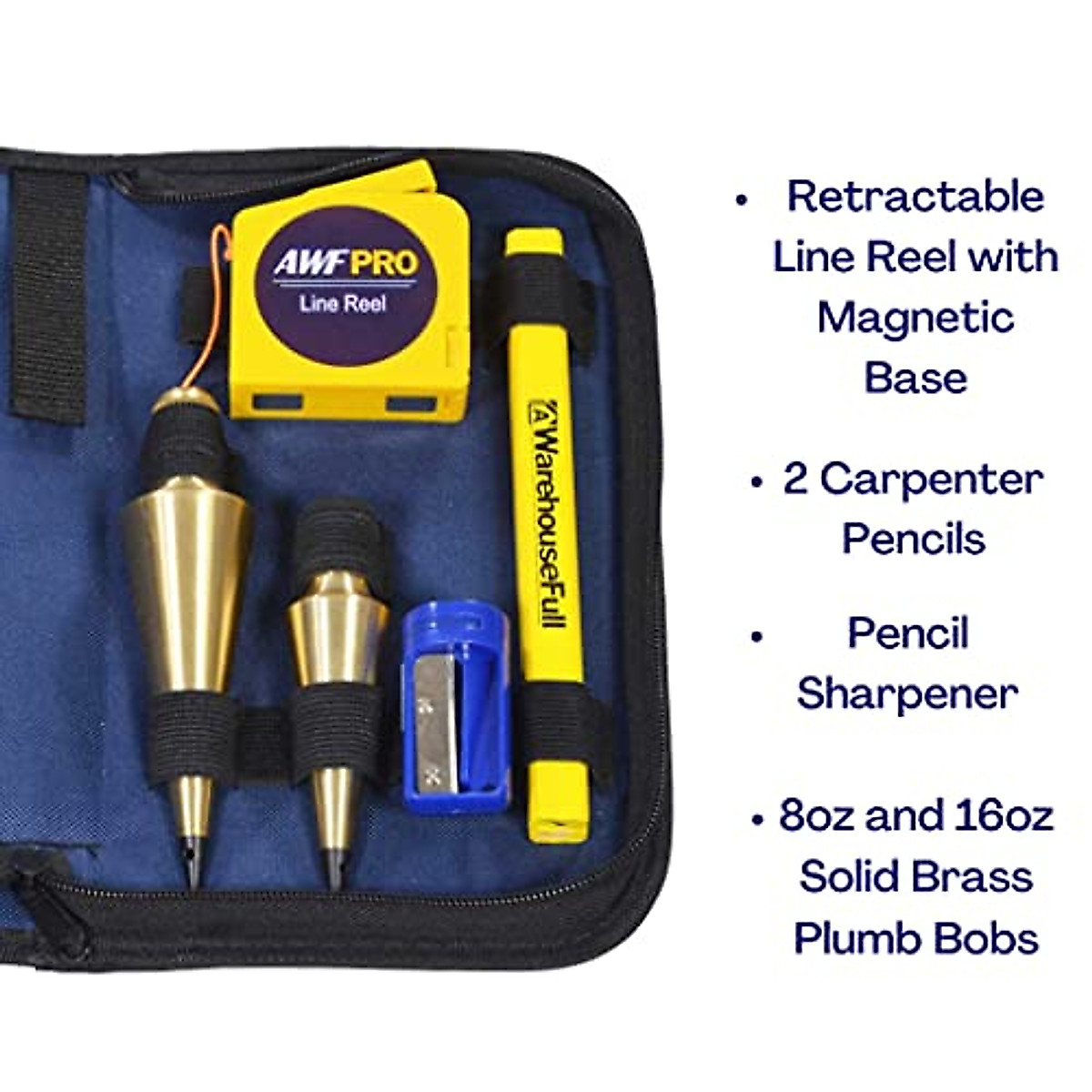 AWF PRO Plumb Bob Kit - 16 oz and 8 oz Solid Brass Plumb Bobs, 14 ft Retractable Line Reel with Magnetic Base, 2 Pencils, Pencil Sharpener, Carrying Case