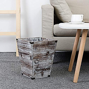 Liry Products Rustic Torched Wood Square Waste Basket Farmhouse Style Recycle Bin Trash Can Decorative Metal Brackets Whitewashed Wooden Garbage Container Ash Holder Bedroom Living Room Home Office