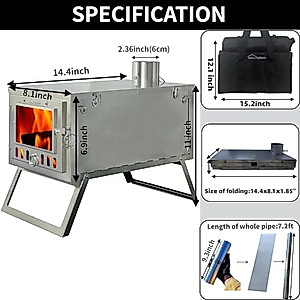 DANCHEL OUTDOOR S6 Folding Hot Tent Wood Stove for Camping 304 Stainless Steel with 7.2ft Chimney, Portable Tent Stoves Wood Burning Backpacking, Cooking