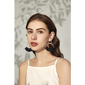 Raffia Hoop Earrings for Women Fun Boho Summer Beach Earrings Handmade Straw Wicker Rattan Dangle Earrings Statement Geometric Round Drop Earrings Bohemian Jewelry, Black