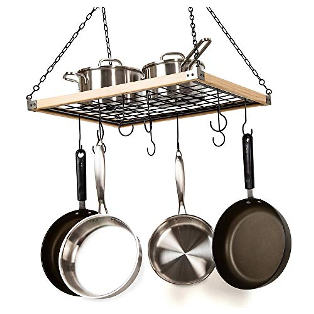 SODUKU Pot Pan Rack with Shelf Grid, Ceiling Mounted Hanging Multi-Purpose Wood & Metal Cookware Hanger Organizer Kitchen Storage with 10 Hooks