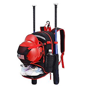 Baseball Bag Softball Bag, Baseball Backpack for Youth Boys and Adult, Bat Bag with Shoes Compartment & Fence Hook, With Hidden External Helmet Holder for Baseball, T-Ball & Softball Equipment & Gear (A-Black)