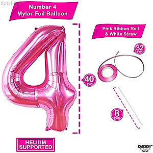 KatchOn, Hot Pink 4 Balloon Number - 40 Inch | Hot Pink 4 Birthday Balloon | 4 Year Old Birthday Decorations | Number 4 Balloons for 4th Birthday Balloons | Pink Four Balloon for 4th Birthday Supplies