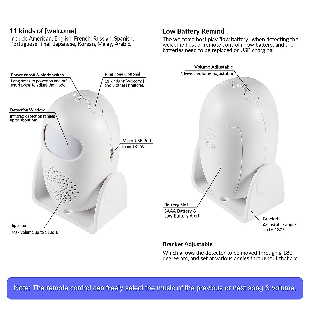 TOWODE Motion Detector Alarm Indoor Motion Sensor Alarm with Remote Control 110dB 4 Volume Levels Motion Detector Alert for Home Shop Store (1 Motion Detector, 1 Remote Control)