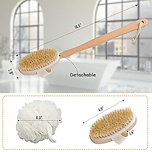 Body Brush for Bath or Shower - Dry or Wet Skin Exfoliating Long Wood Handle Back Scrubber with White Sponge