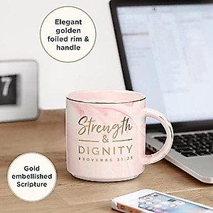 Christian Art Gifts Marble Ceramic Coffee & Tea Mug w/Gold Trim, 13 oz Encouraging Bible Verse for Women: Strength & Dignity - Proverbs 31:25 Lead-free Novelty Drinkware, White/Pink Swirl