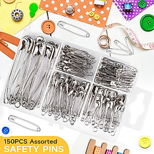 Huhuhero Safety Pins Assorted, 5 Different Sizes Small and Large Safety Pins, Safety Pins for Clothes Halloween Costume Pins Sewing, Nickel Plated Steel Pin Bulk, Arts and Crafts Supplies (Sliver)
