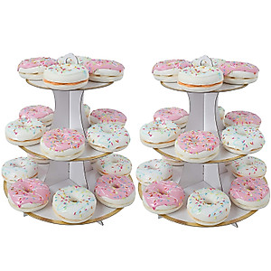 2 Set White and Gold 3-Tier Round Cardboard Cupcake Stand for 24 Cupcakes Perfect for Oh Baby Bridal Shower Birthday Party Supplies (White)
