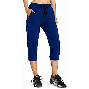 Womens Lightweight Jogger Capri Pants Quick Dry Workout Running Capris Sun Protection UPF 50+ Zipper Pockets Deep Blue