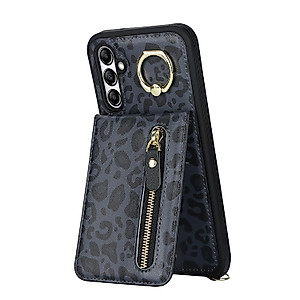 DEYHU for Samsung Galaxy A14 5G Case with Card Holder and Strap for Women,Crossbody Lanyard,Ring Stand,Snap Clasp,Phone Wallet Case - Black Leopard