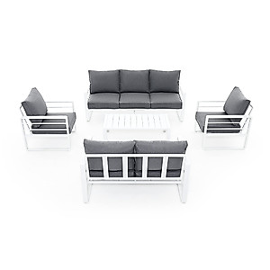Patiorama Aluminum Patio Furniture Set, 5 PCS Modern Patio Conversation Set, All Weather White Outdoor Sectional Sofa Set w/Coffee Table, Patio Seating Set, Olefin Cushion, Garden-Grey Cushion