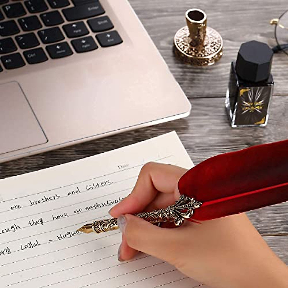 Feather Quill Pen Ink Set - Calligraphy Dip Pen Set Fountain Pen Ink Red Feather Pen Display Case with Inkwell and Stand - Quill Pen Set with 5 Stainless Steel Pen Nib Set for Writing Paper, Letter