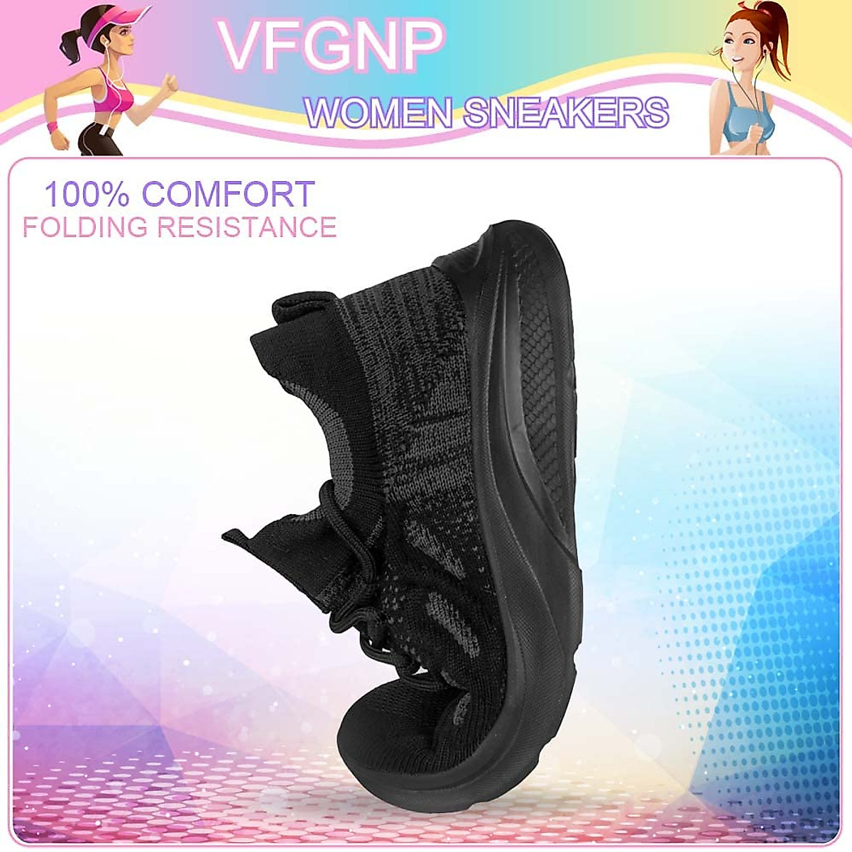 VFGNP Running Shoes Womens, Sneakers for Women, Slip On Walking Tennis Shoe Black 8