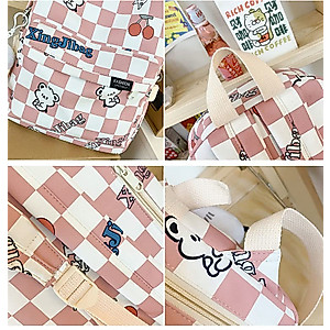 KOWVOWZ Kawaii Checkerboard Bear Backpack Girl Women Teen with Duck Pendant Cute College High School Backpack Laptop Bookbag (Black)