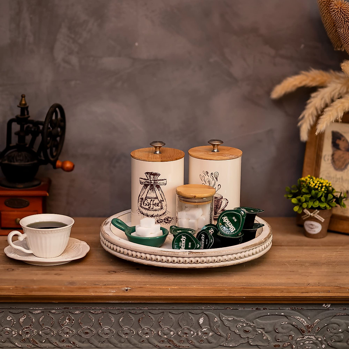 Lazy Susan Organizer Wooden Turntable: Hanobe White Round Wood Trays for Decorative Kitchen Counter Coffee Table Home Decor with Beaded Spice Spinner