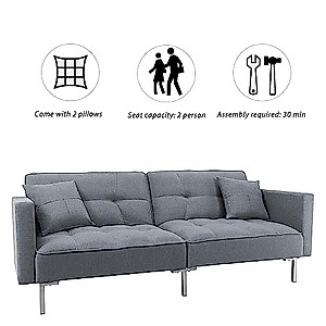 RIDFY Modern Upholstered Adjustable Folding Sofa Bed with Two Pillows and Metal Legs, Linen Fabric Futon Couch with Armrests for Living Room, Apartment, Dorm, Home, Office (Dark Gray)