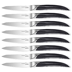 OAKSWARE Non Serrated Steak Knives Set of 8, 5 Inch German High Carbon Steel Steak Knife for Kitchen, Sharp Knives with Full-Tang Ergonomic Handle, Black