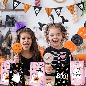 24Pcs Halloween Paper Treat Bags Pink Black Boo Ghost Pumpkin Candy Goodie Bags with Stickers for Halloween Trick or Treat Party Favors Baby Shower Supplies