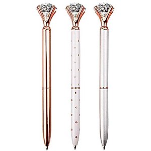 LONGKEY 3PCS Large Crystal Diamond Pen Bling Metal Ballpoint Pen Office and School, Silver / White Rose Polka Dot / Rose Gold, Including 3Pen Refills.
