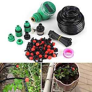 25m Adjustable Automatic Micro Drip Irrigation System Kit Plant Self Watering Garden Hose Kits DIY Watering Timer Automatic Patio Mister for Patio Garden Flower Plants
