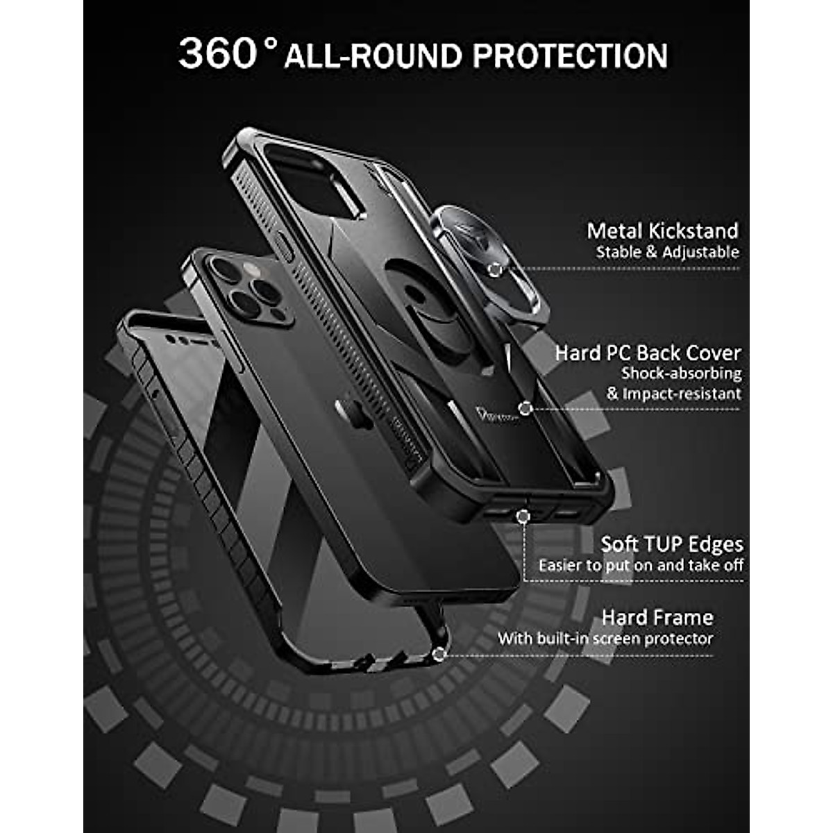 Dexnor Rugged Full Body Case for iPhone 12/12 Pro (6.1 inches) with Screen Protector & Ring Kickstand Car Mount, Slim Shockproof Protective Bumper Cover with Anti Dust Plugs (Black)