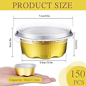 150 Pcs Baking Cups with Lids, 1.6 oz Muffin Cupcake Liners Aluminum Foil Mini Cake Pans Small Disposable Ramekins Flan Containers with Lids for Weddings, Birthday, Various Holiday (Gold)