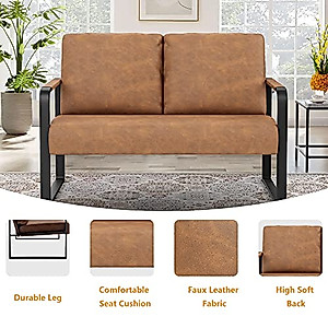 POINTANT Love Seat Mini Couch Small Settee Loveseat Bench for Living Room, Faux Leather Loveseat Sofa Small Sofa Couches for Small Spaces with Padded Cushion, Mid Century Modern Brown Love Seats