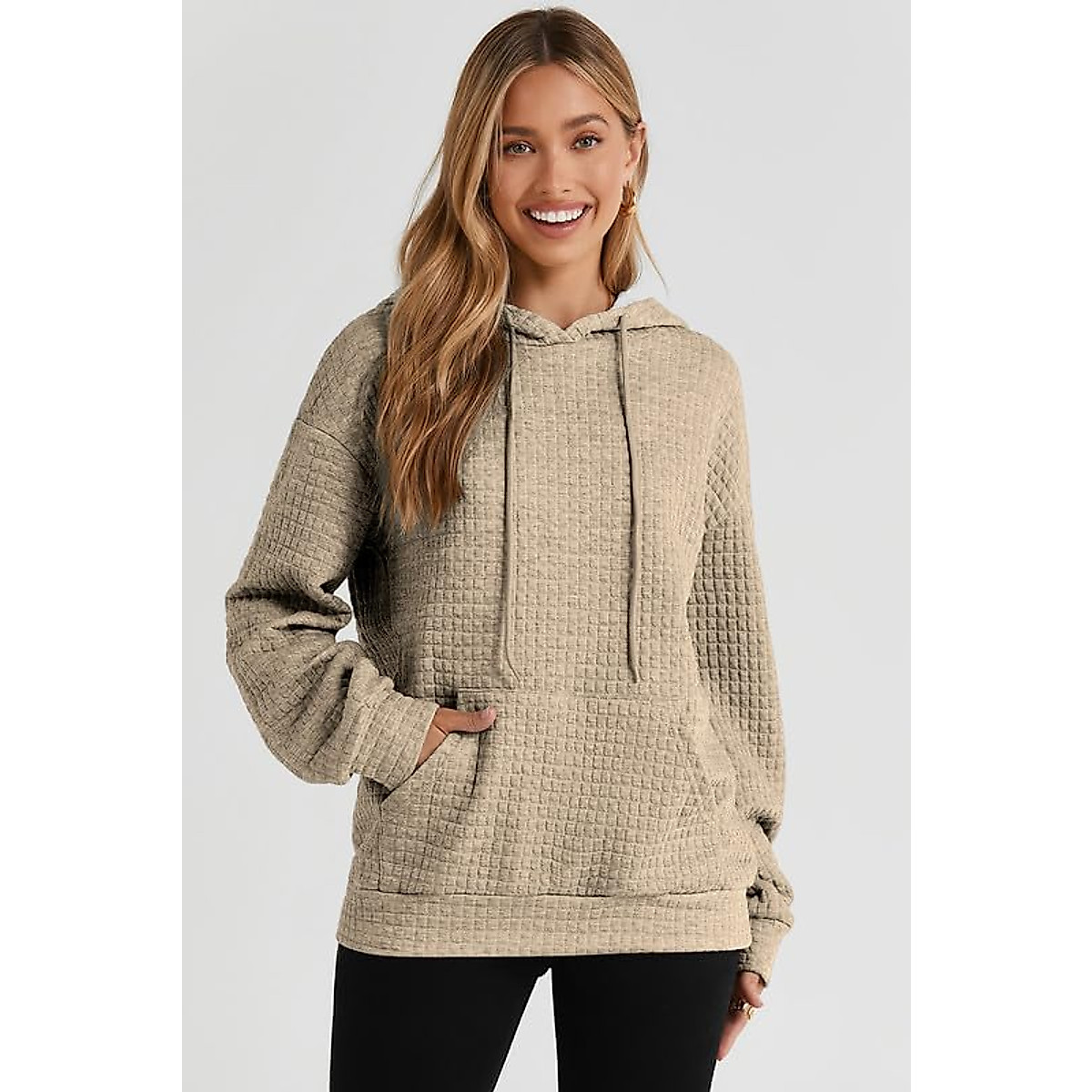 SHEWIN Womens Hoodies Casual Long Sleeve Drawstring Waffle Hoodie Pullover Sweatshirts Loose Hooded Sweatshirt for Women Trendy Fall Tops,US 4-6(S),Khaki