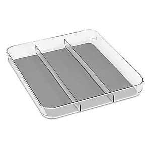 madesmart Antimicrobial Clear Soft Grip Large Utensil Tray, Non-Slip Kitchen Drawer Organizer, 3 Compartments, Multi-Purpose Home Organization, EPA Certified, Light Grey