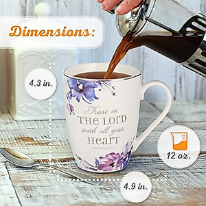Christian Art Gifts Ceramic Coffee and Tea Mug for Women 11 oz White with Purple Floral Inspirational Bible Verse Mug - Trust in the Lord - Proverbs 3:5 Lead-free Novelty Scripture Mug