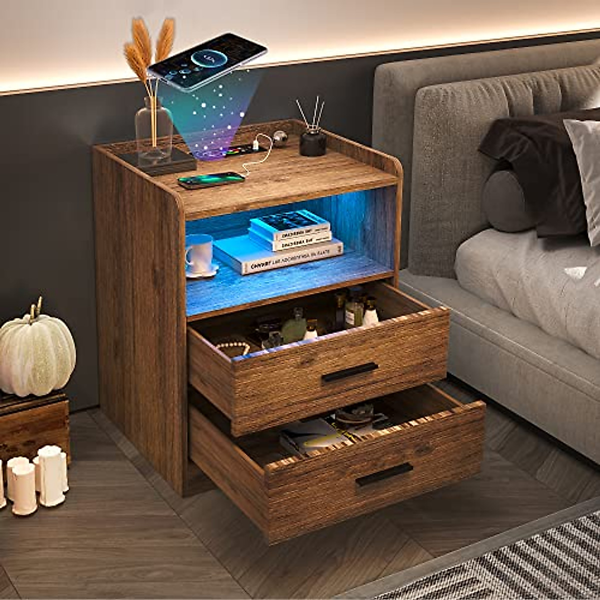 dnbss Brown Nightstand with Charging Station, Smart Bedside Table with 24-Color RGB LED Lights, Charging Nightstand for Bedroom, Modern End Side Table for Living Room Office